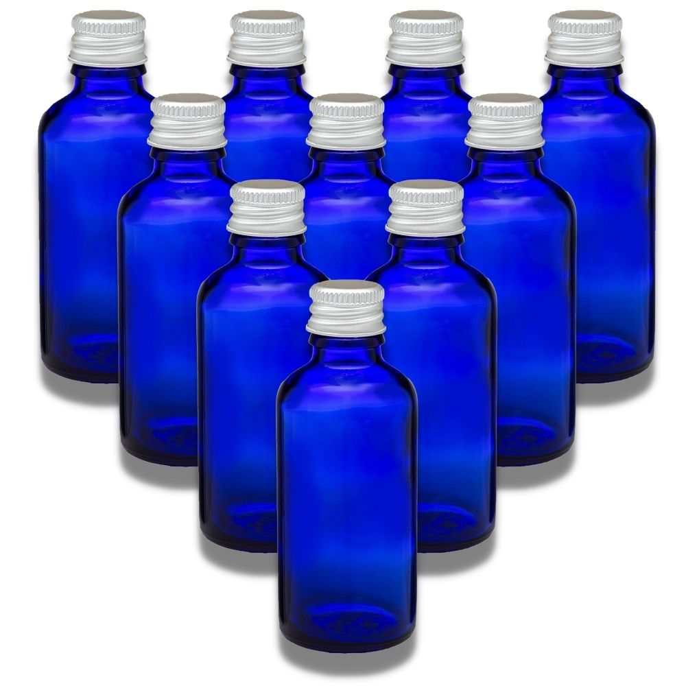 50ml Blue Glass Bottles with Aluminum Lid – Avalon Cosmetic Packaging