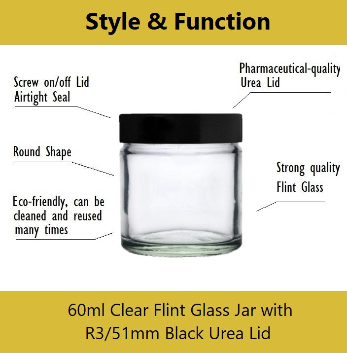 60ml Clear Glass Jar with Black Urea Lid – Avalon Cosmetic Packaging